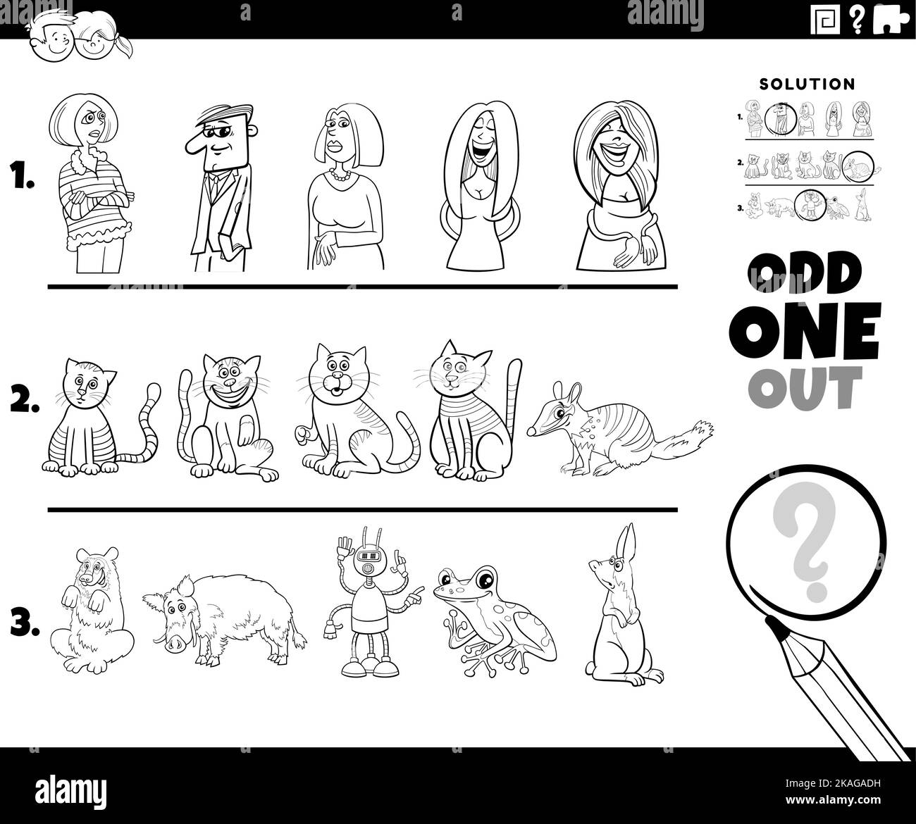 Black and white cartoon illustration of odd one out picture in a row ...