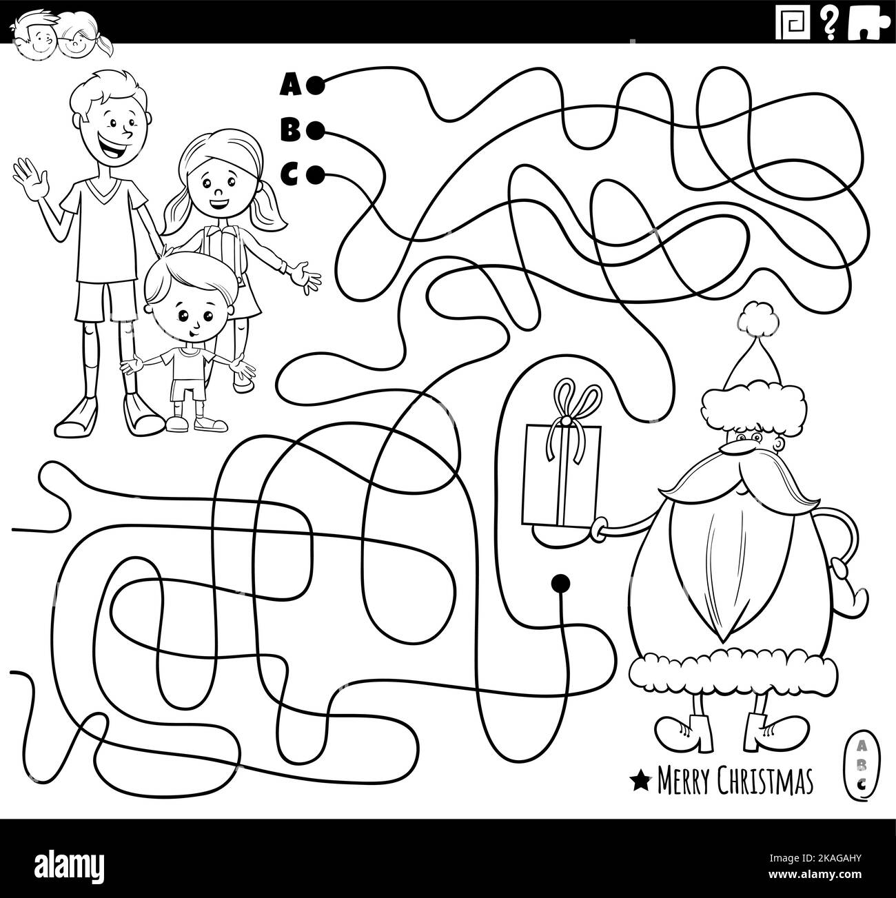 Black and white cartoon illustration of lines maze puzzle game with Santa Claus character with ...