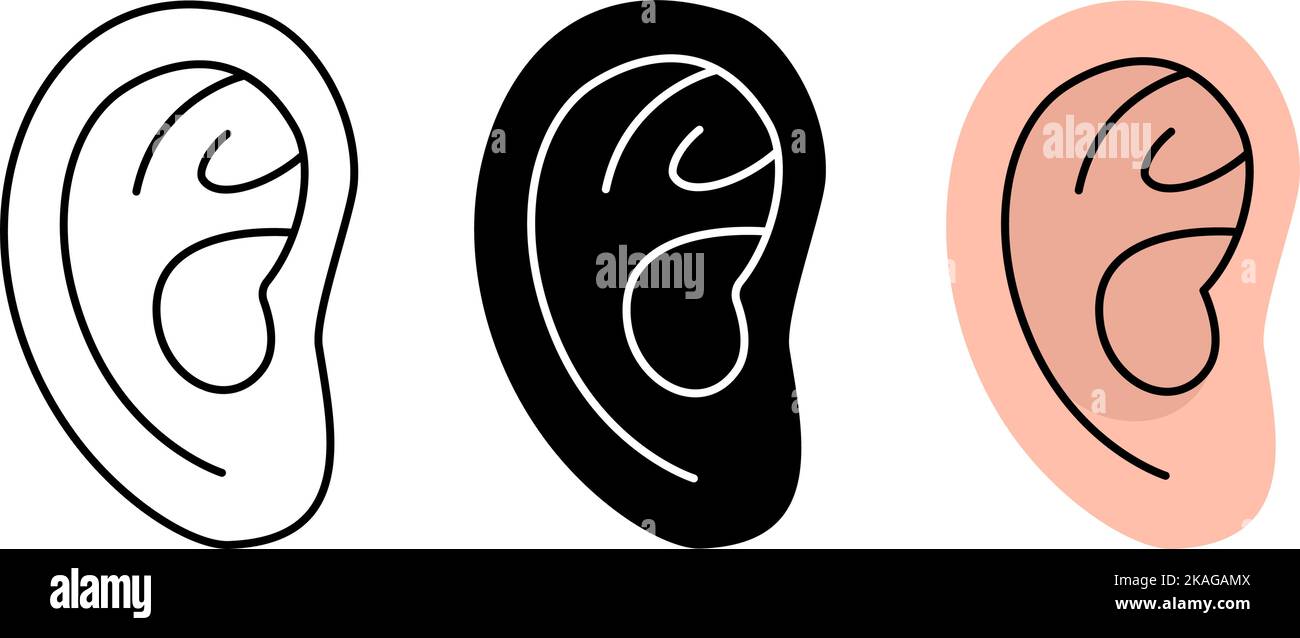 Set of human ear symbols. Human ear icons in color, black and thin line ...