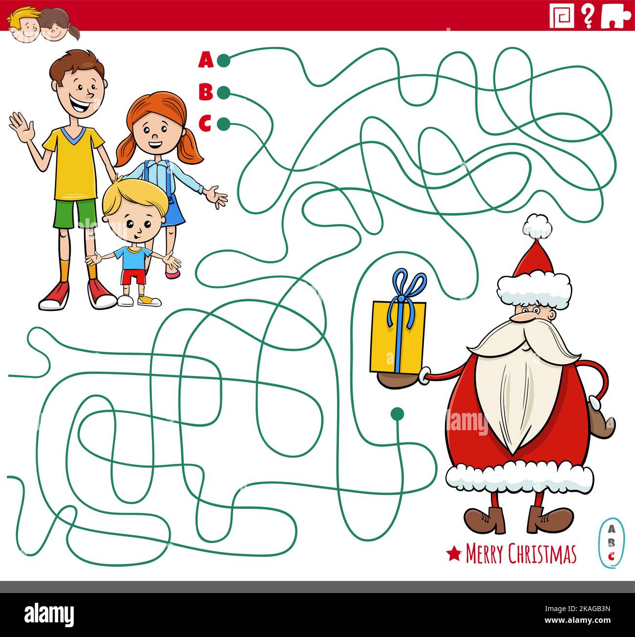 Cartoon illustration of lines maze puzzle game with Santa Claus ...