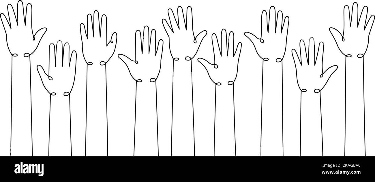 Hands raised up one line continuous drawing. Collaboration, solidarity ...