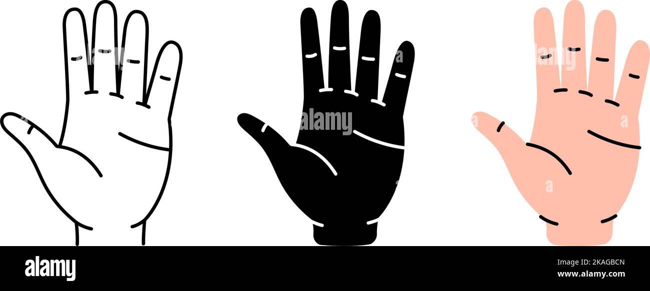 Set of human hand symbols. Human hand icons in color, black and thin ...