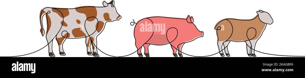Farm animals one line colored continuous drawing. Pig, Sheep, Cow ...