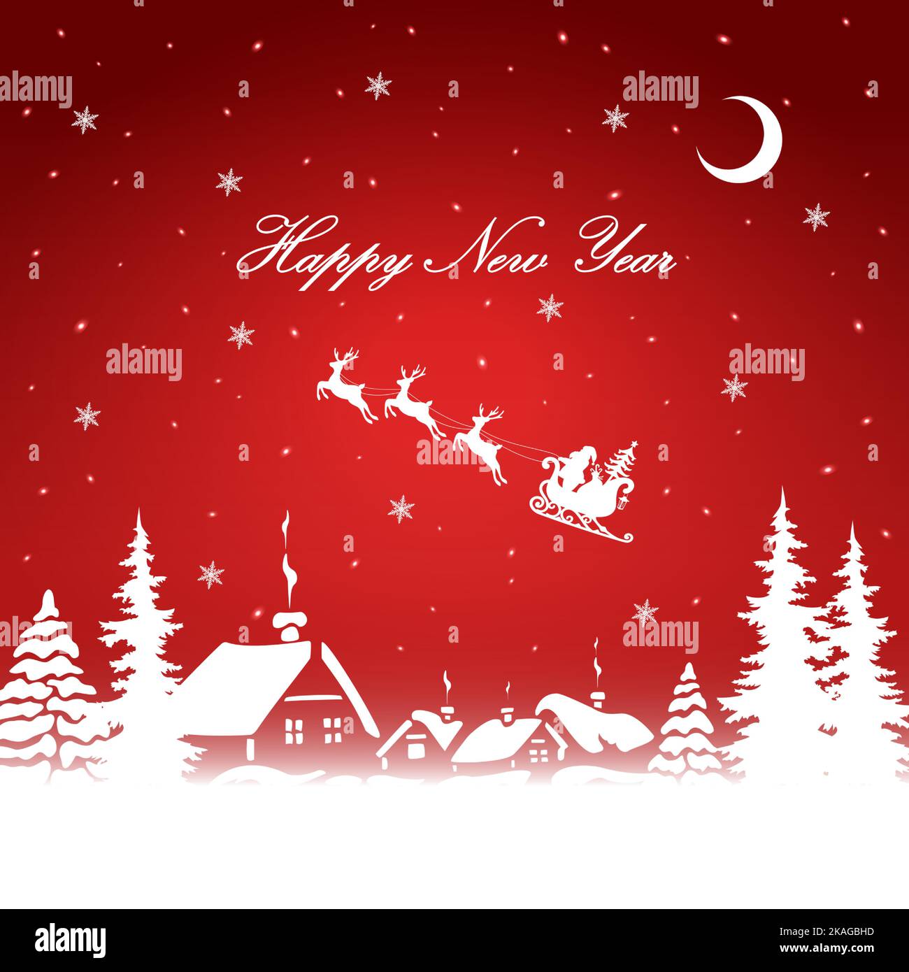 Santa Claus and gifts in sleigh with reindeer pulling the sleigh on rural background. Vector ...