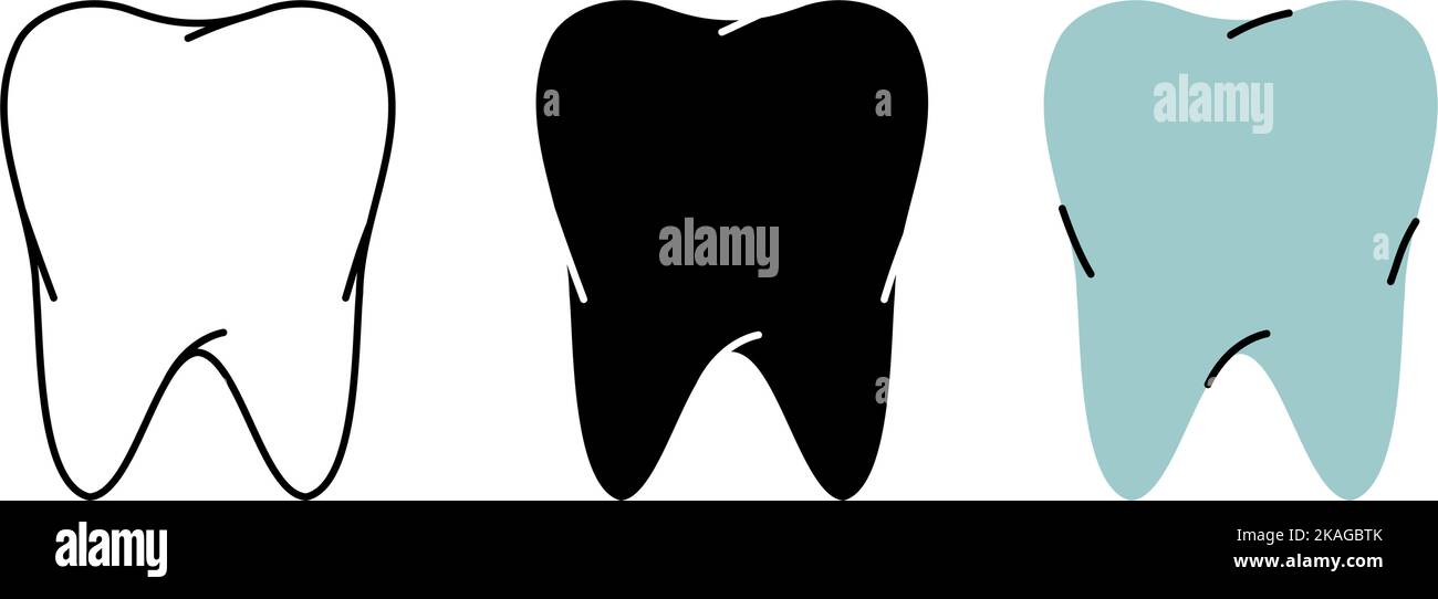 Set of human tooth symbols. Human tooth icons in color, black and thin ...