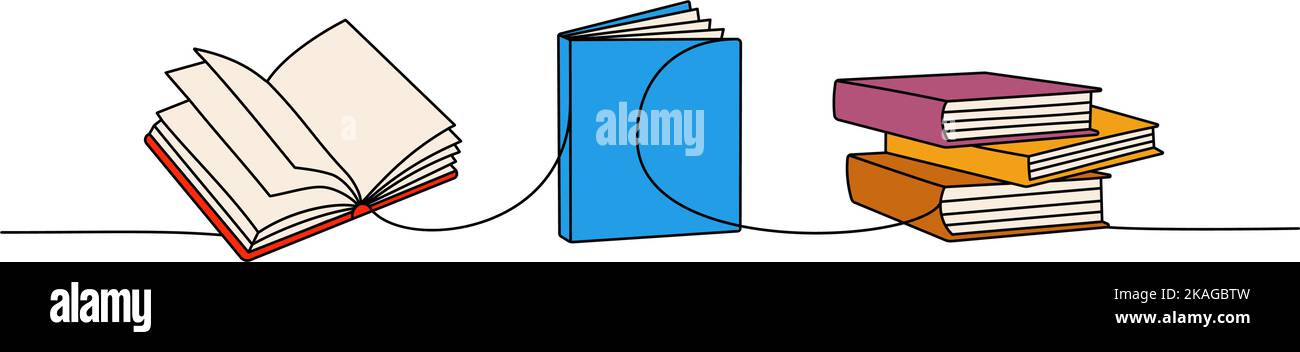 Set of books one line colored continuous drawing. Bookstore, library ...
