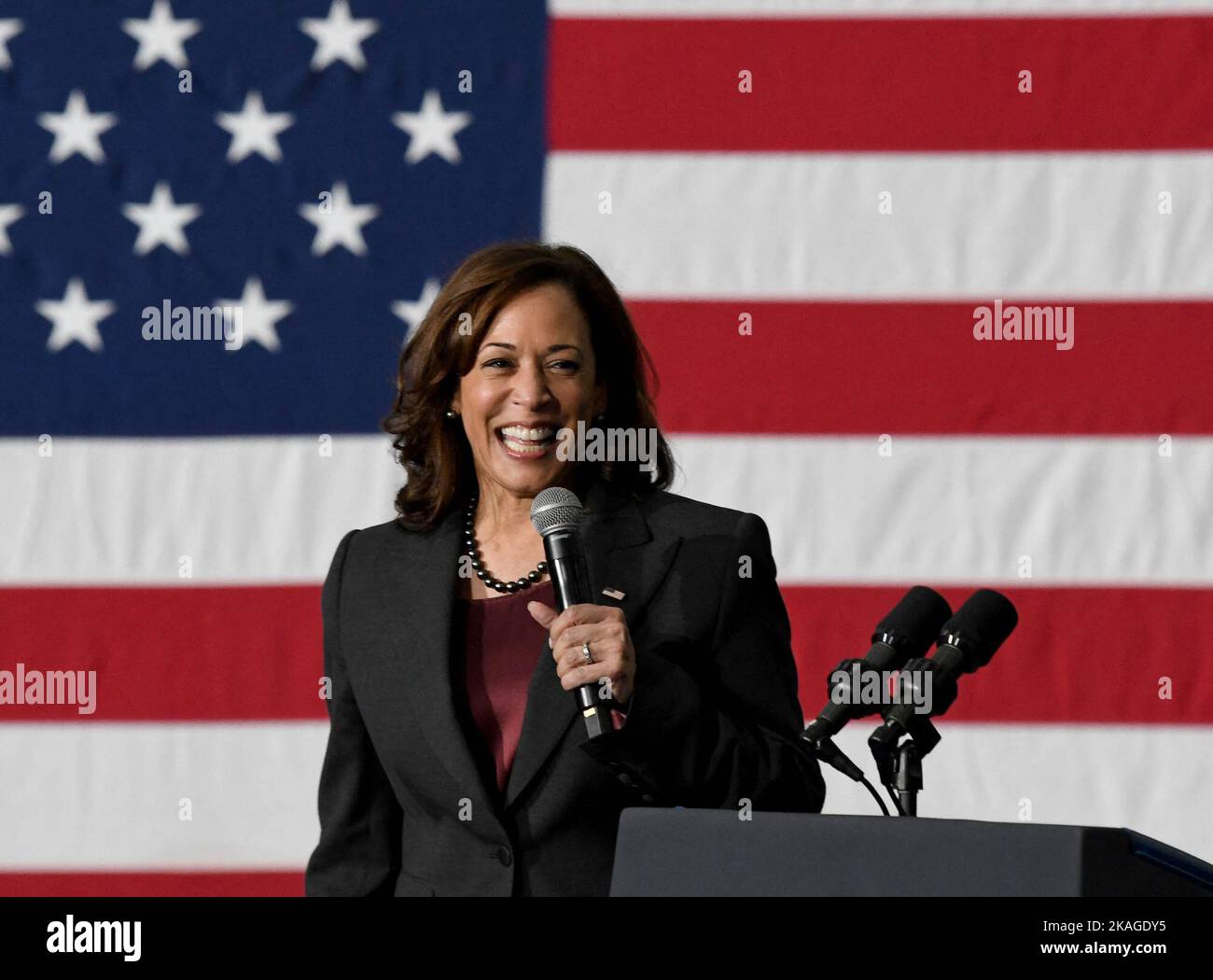US Vice President Kamala Harris speaks during a political rally ...