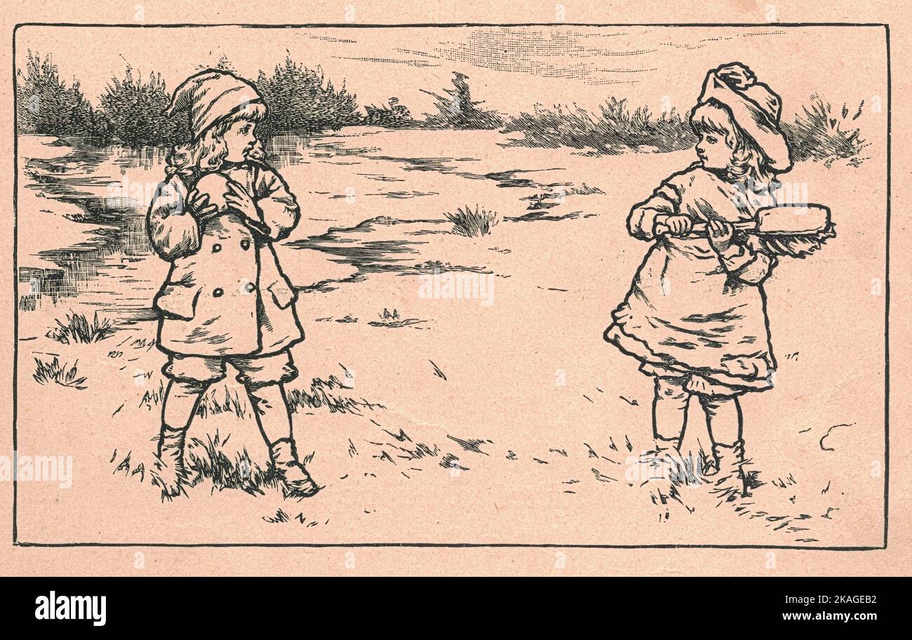 Antique illustration shows two children during wintertime. Vintage ...