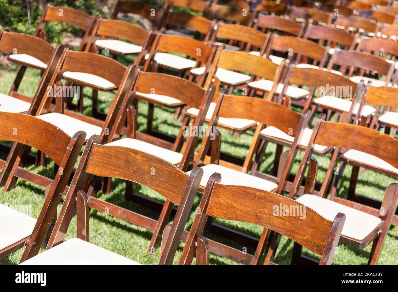 Rows of Wooden Event Chairs at Wedding Venue Abstract Stock Photo - Alamy