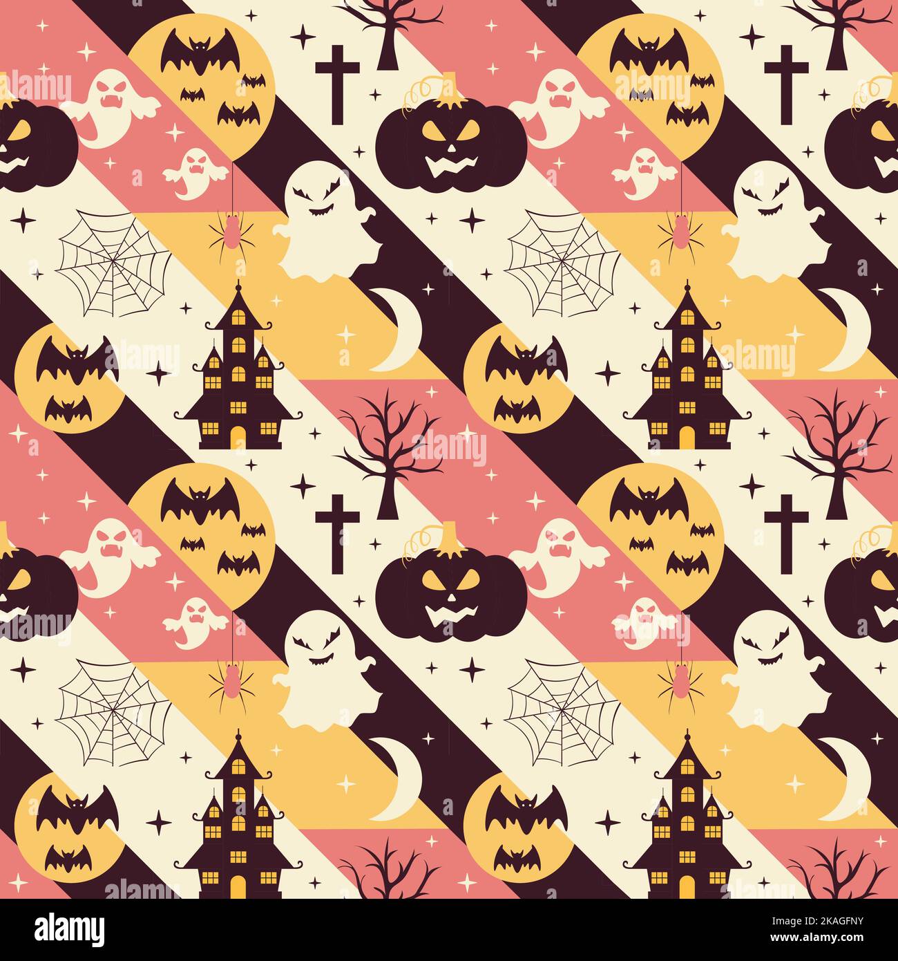 Halloween Seamless Pattern Design With Witch, Haunted House, Pumpkins ...