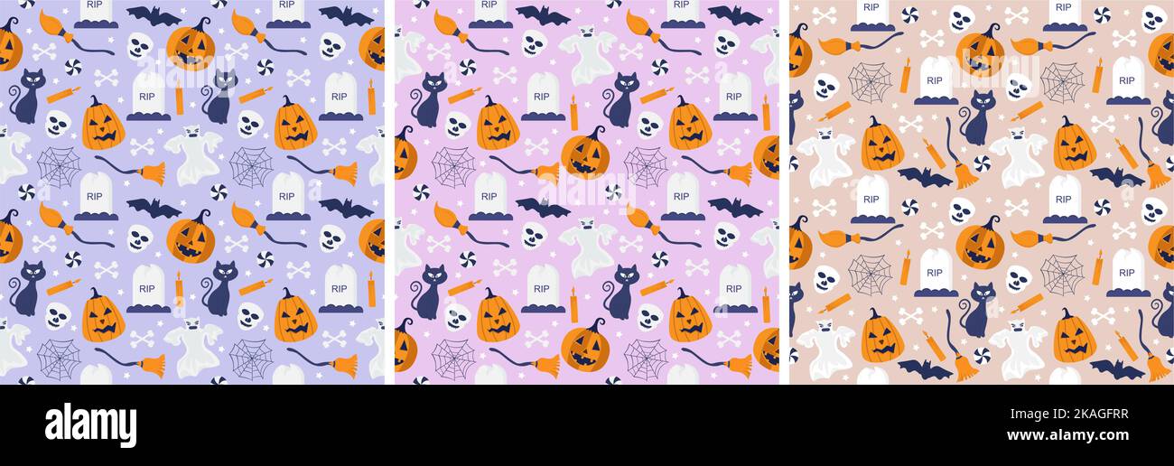 Set of Halloween Seamless Pattern Design With Witch, Haunted House ...