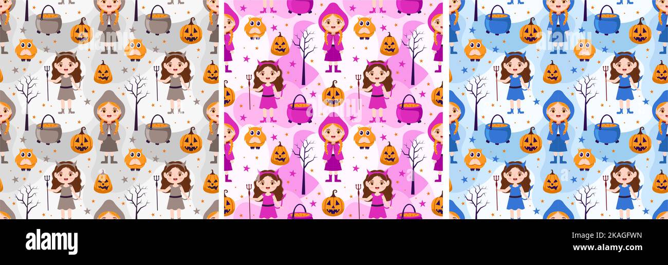 Set of Halloween Seamless Pattern Design With Witch, Haunted House ...