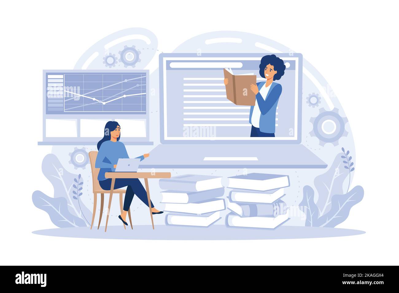 Student with laptop and lector at the LCD screen. Webinar, web seminars ...