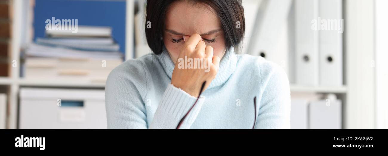 Tired overworked female boss on workplace, stressful and exhausted ...