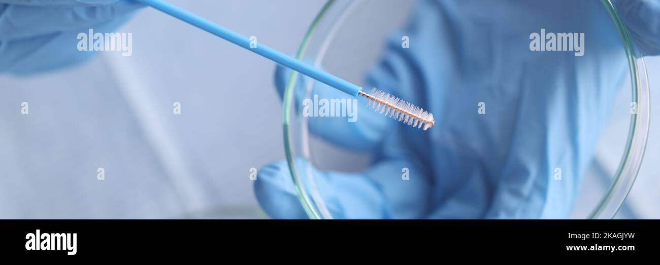 Laboratory worker hold glass container with test tube brush, work in ...