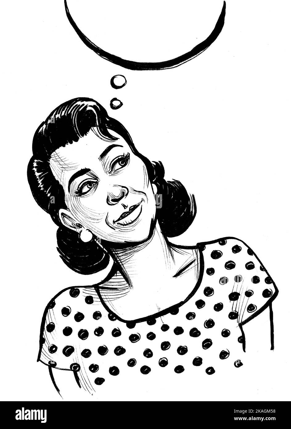 Dreaming woman. Ink black and white drawing Stock Photo - Alamy