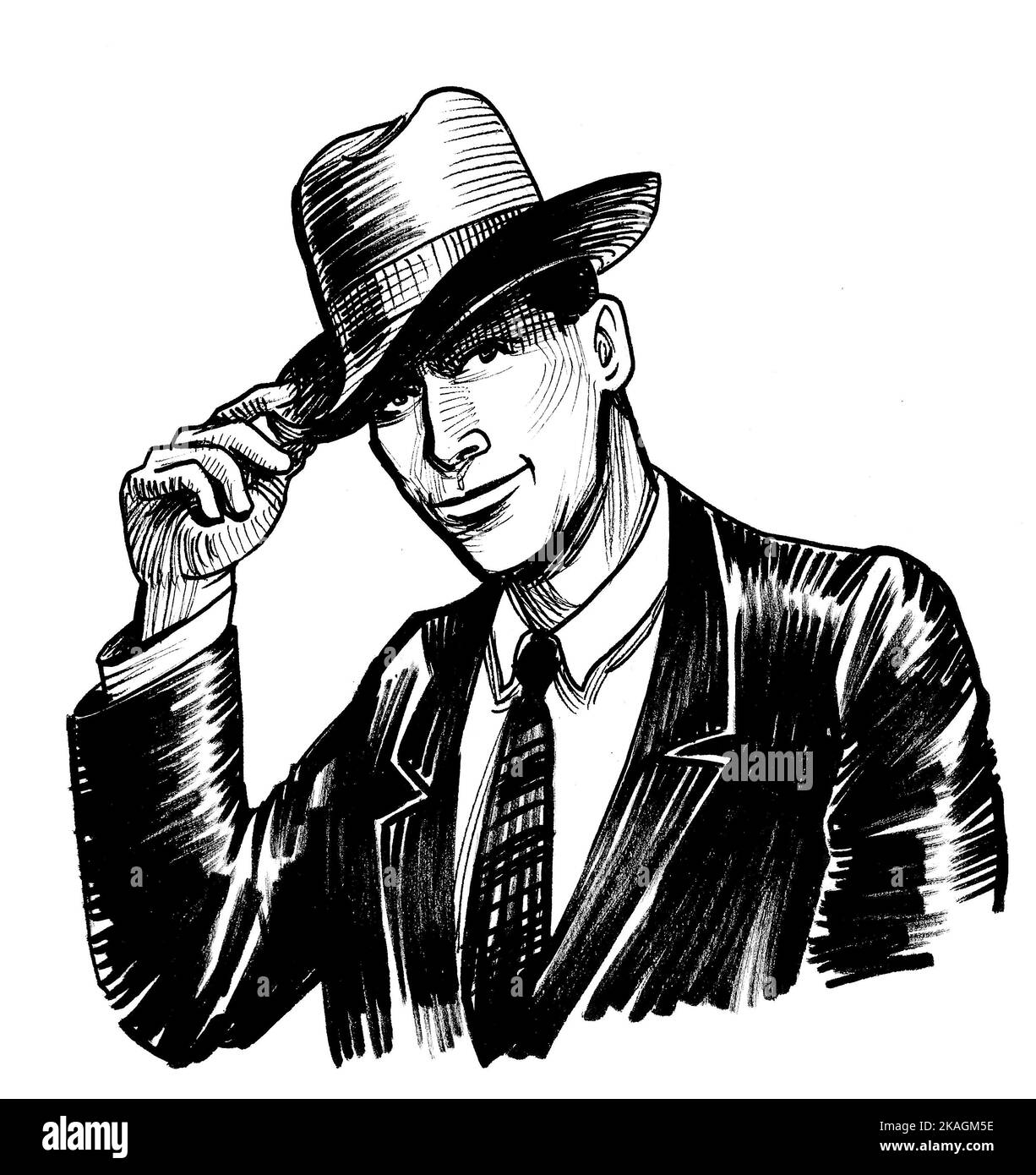 American gangster character. Ink black and white drawing Stock Photo ...