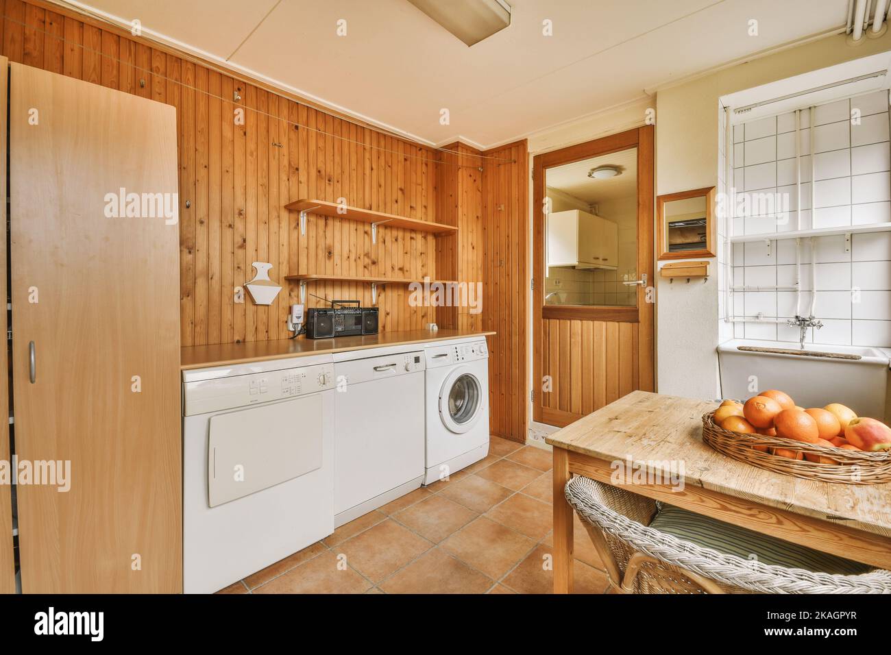 Interior of spacious light dining room with fireplace and elegant ...