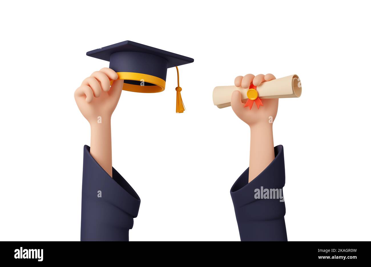 3D illustration of student hands holding graduation cap and diploma ...