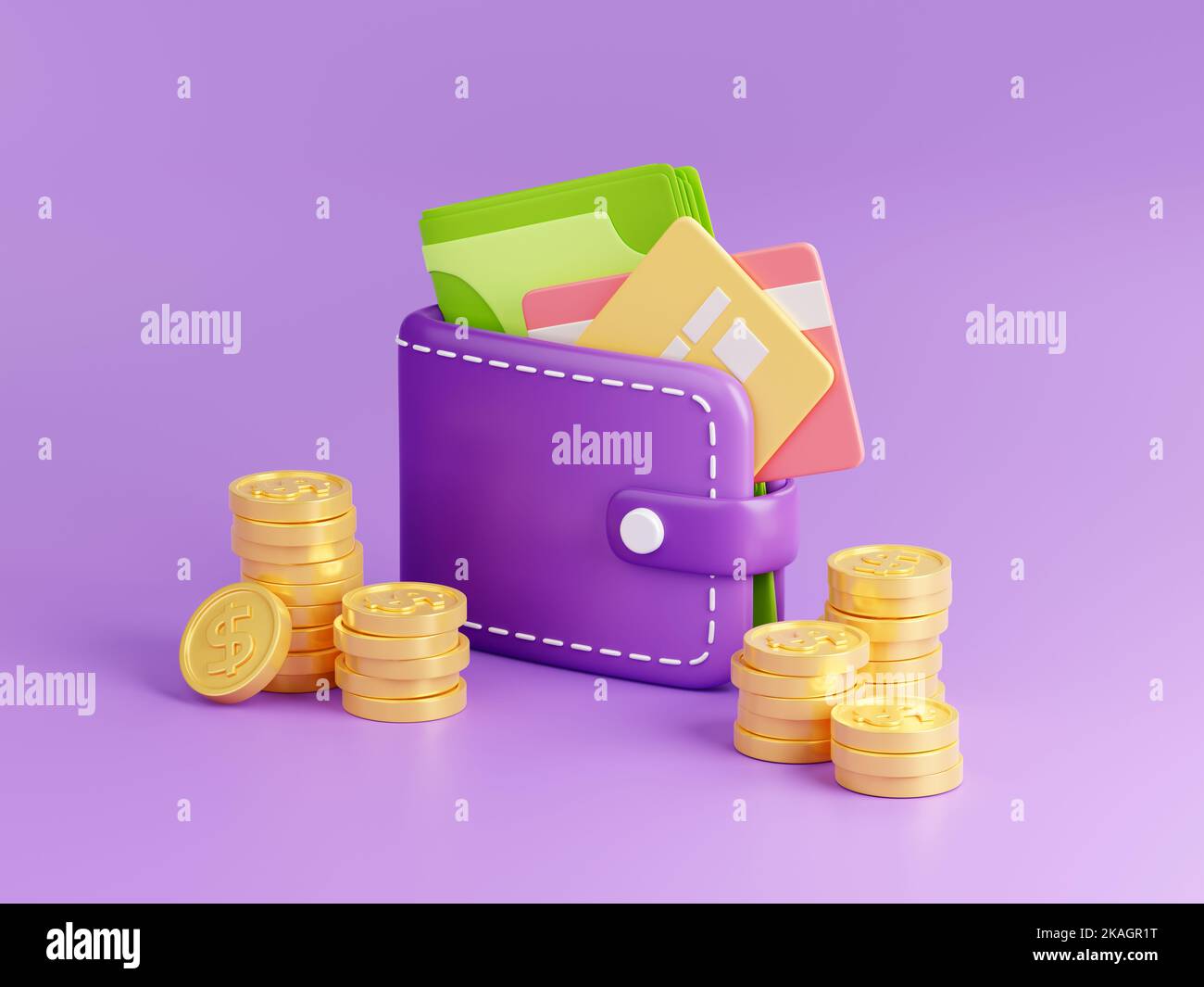 3d render wallet with plastic cards and golden coins around. Finance ...