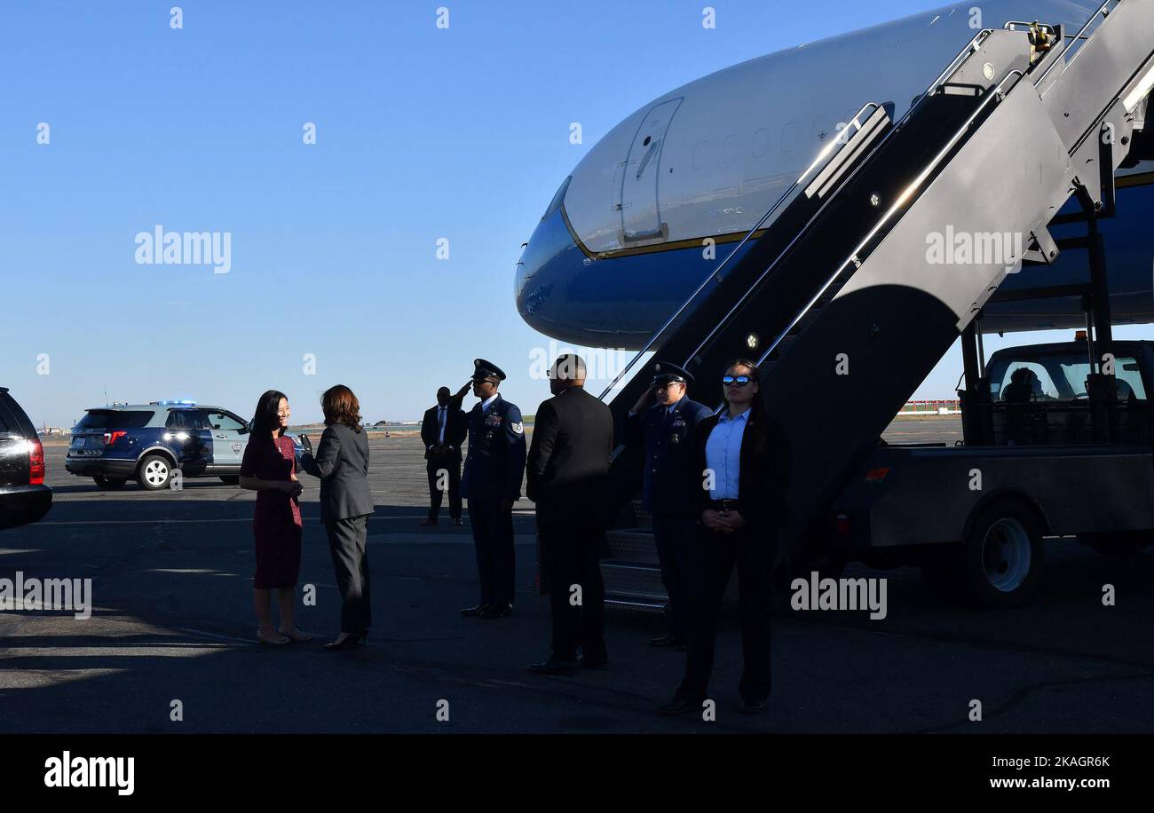 United States Vice President Kamala Harris is greeted by Mayor Michelle ...