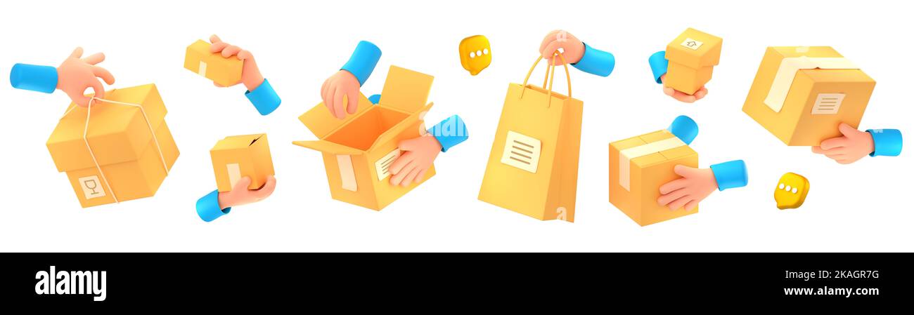 Delivery service icons with courier hands carry and giving cardboard ...