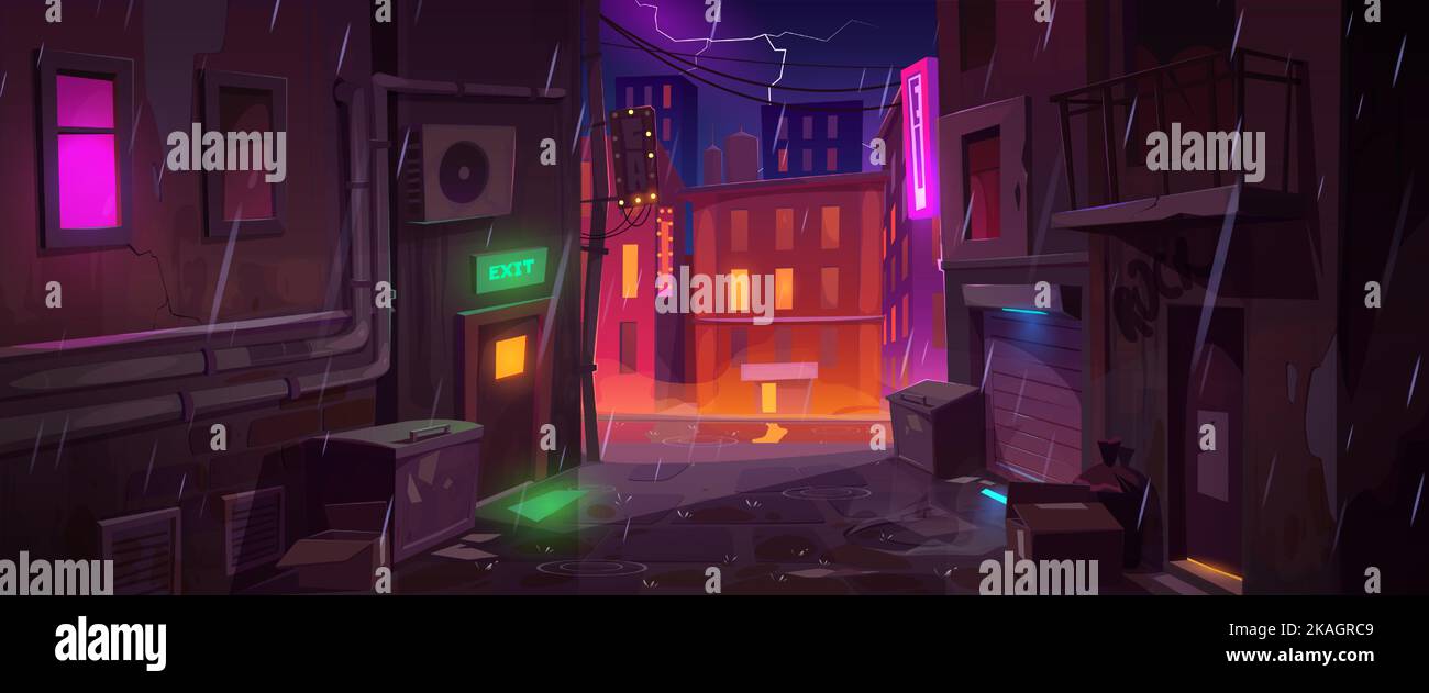 Back street alley with old city houses in rain at night. Empty dark ...