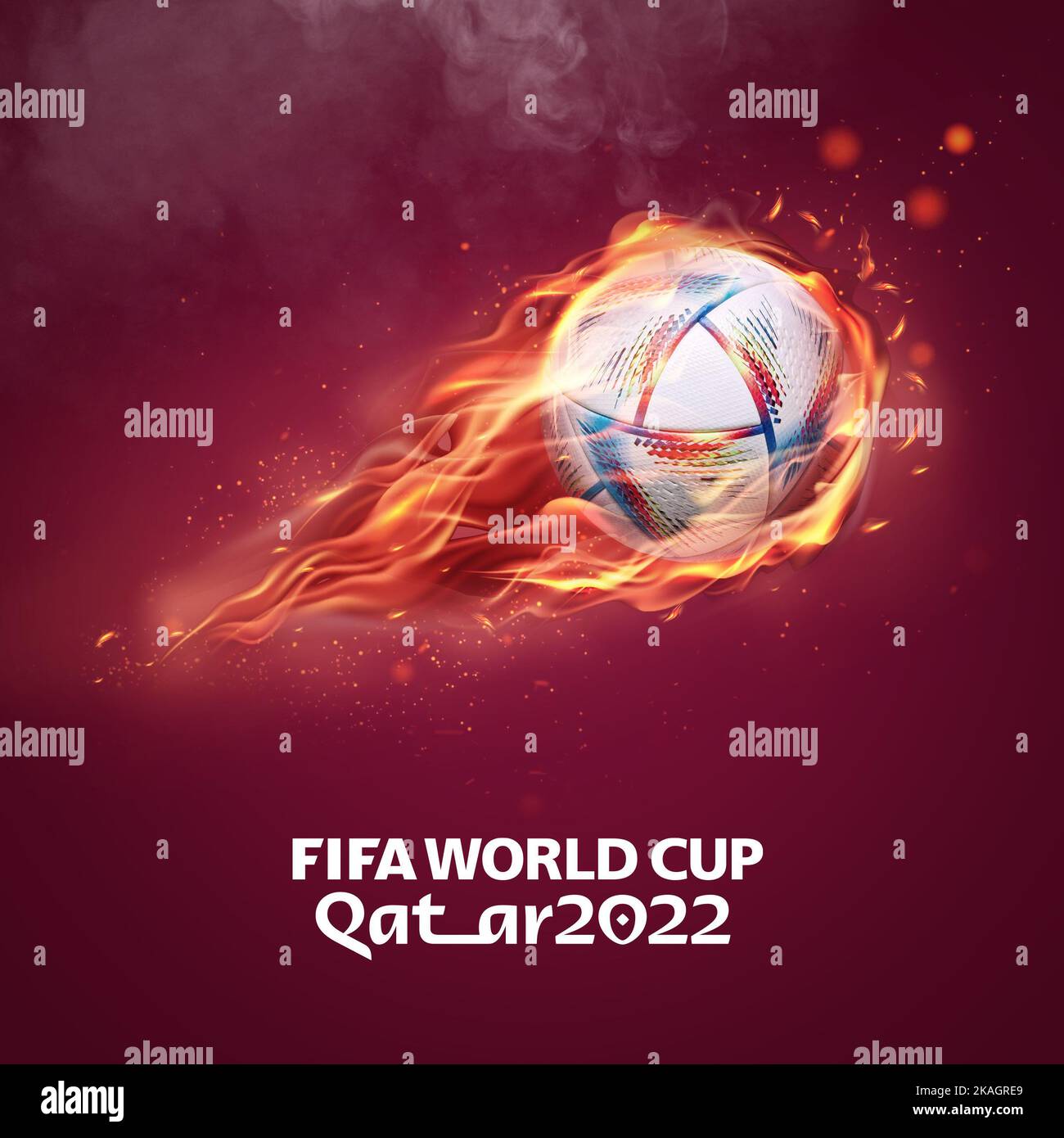 Qatar 2022 Fifa World Cup logo on white Football ball flying in flames ...