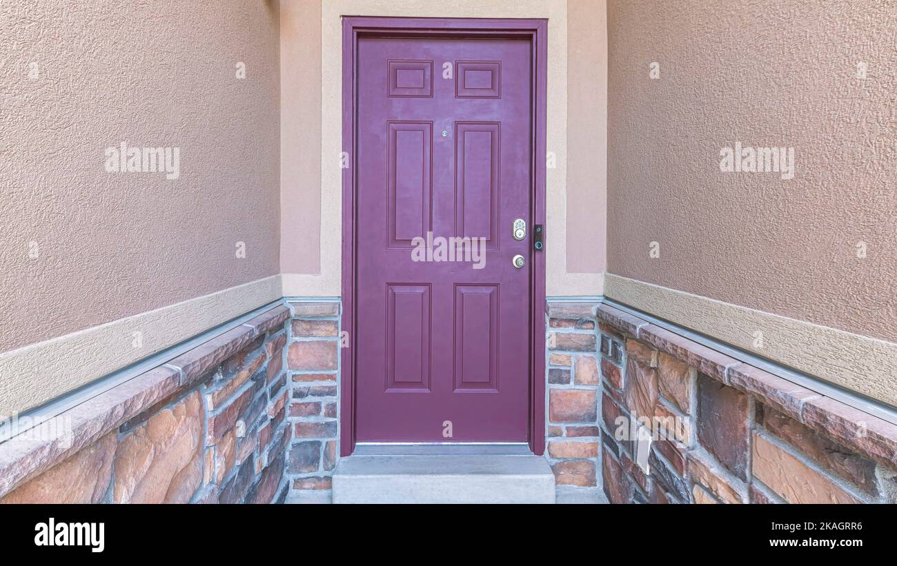 Panorama Purple front door with arched transom window and digital key ...