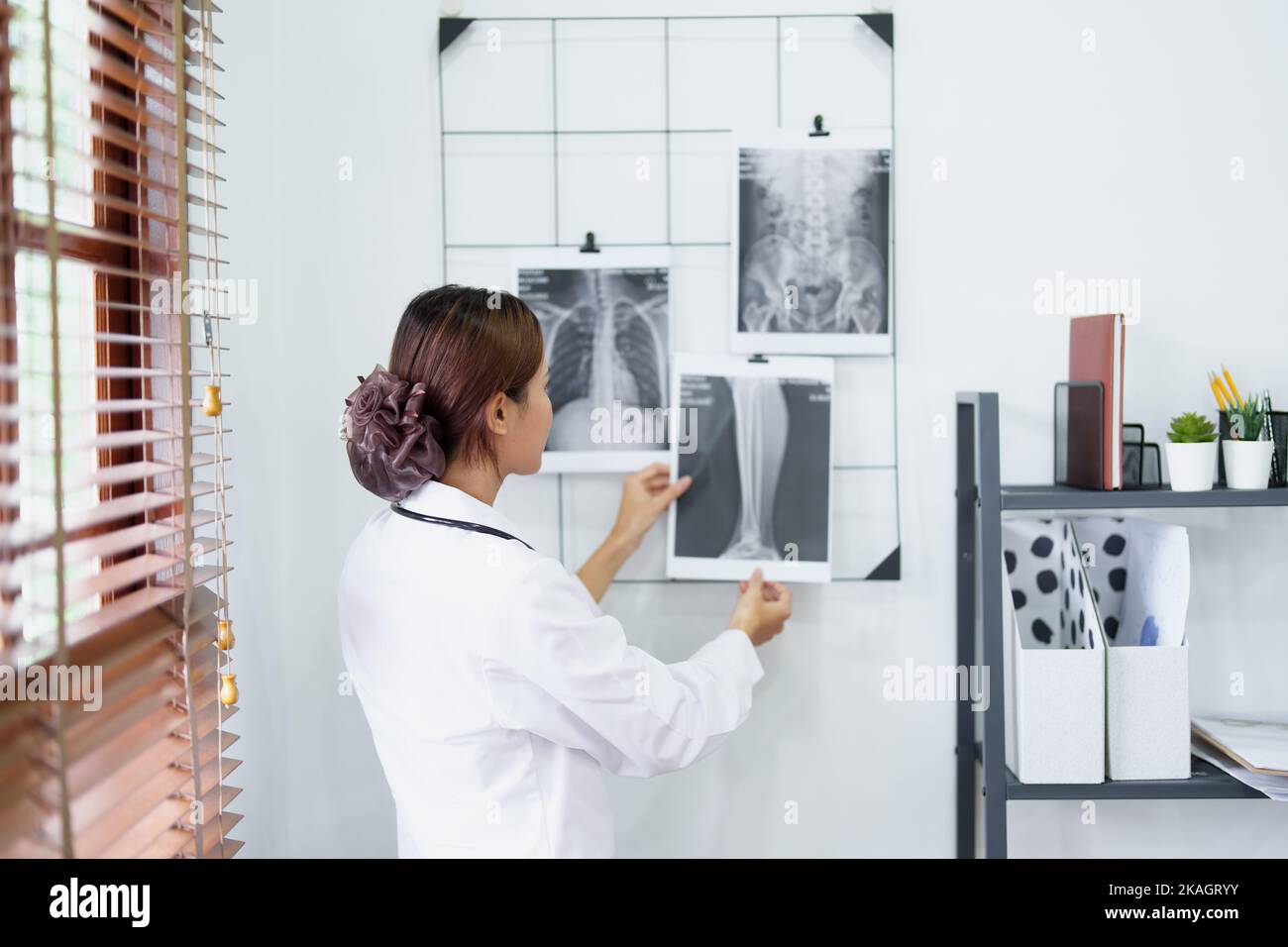 Portrait of an Asian female doctor looking at X-ray film of a patient's ...