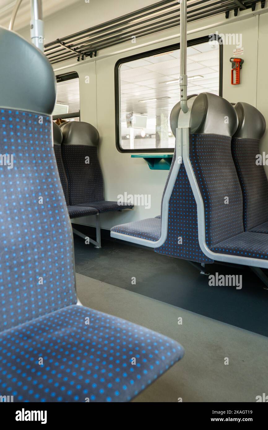 View on railroad track from the window of fast train. Interior view at ...