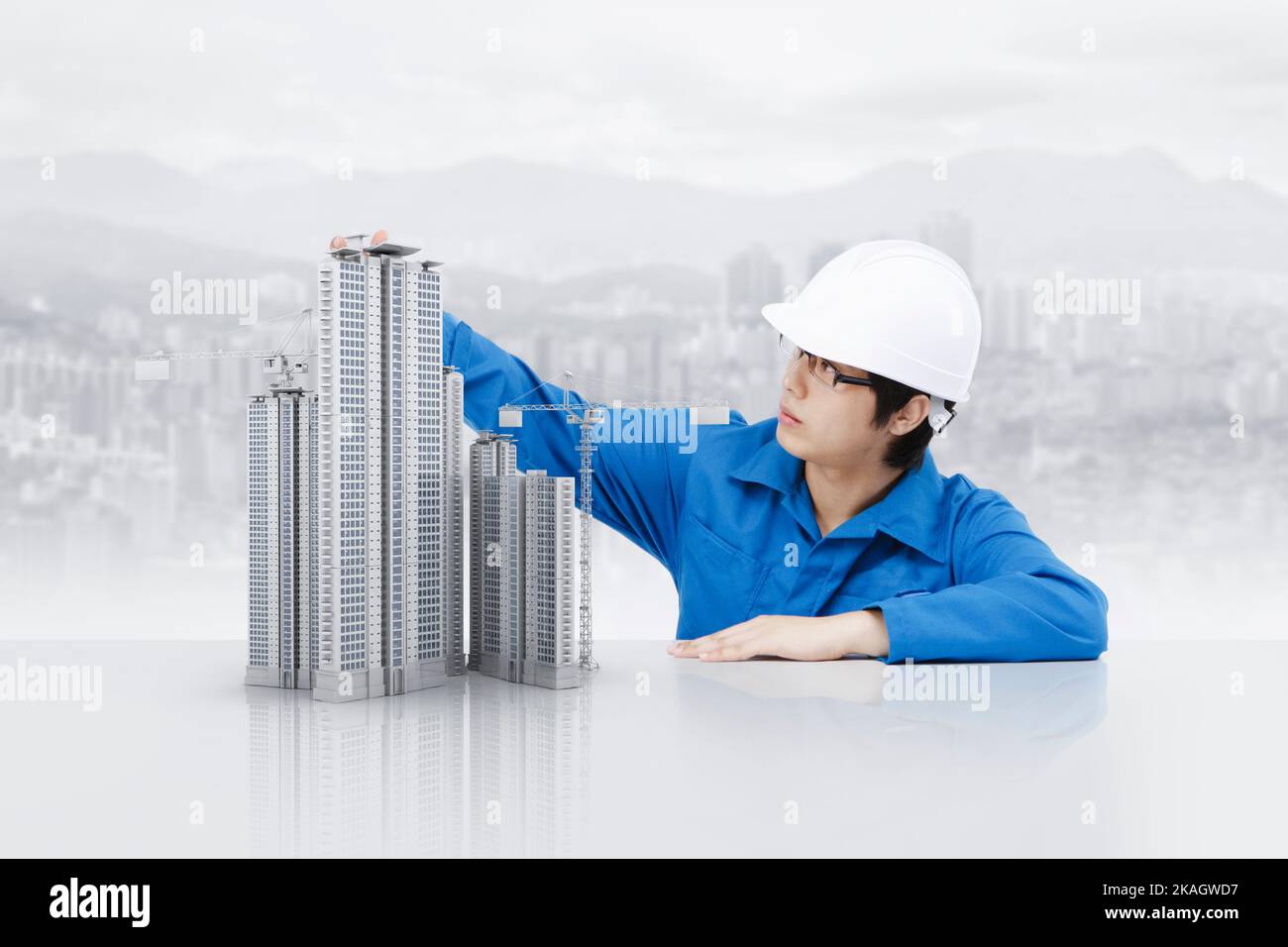 Architect and city apartment construction site and blueprint background ...