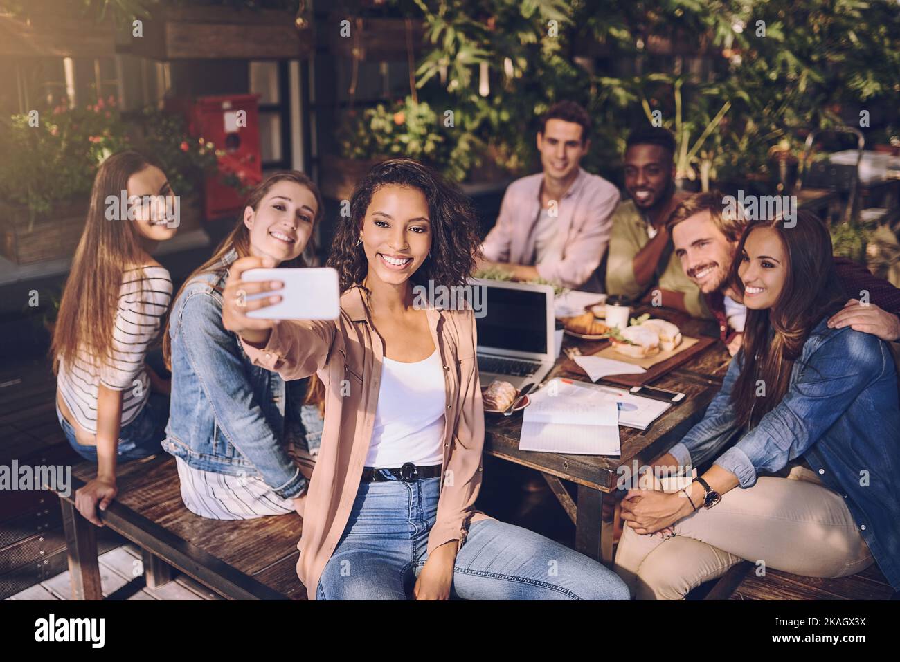 Its our favorite time of the day Lunch time. a woman taking a selfie ...