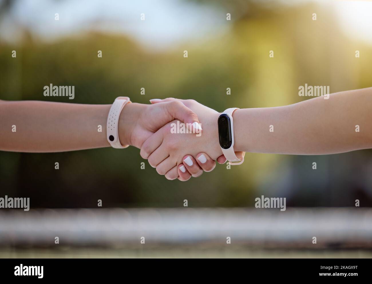Handshake closeup, teamwork and sports watch fitness collaboration ...