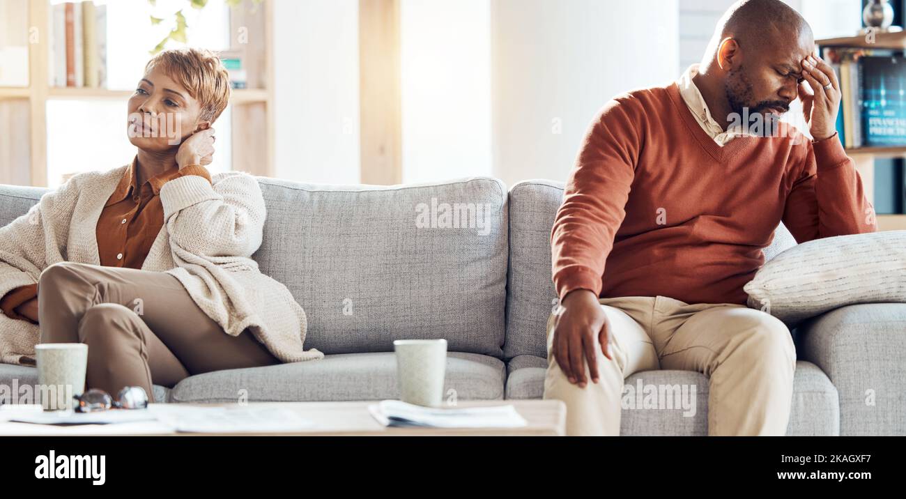 Fight, divorce and sad with old couple on sofa for problem marriage ...