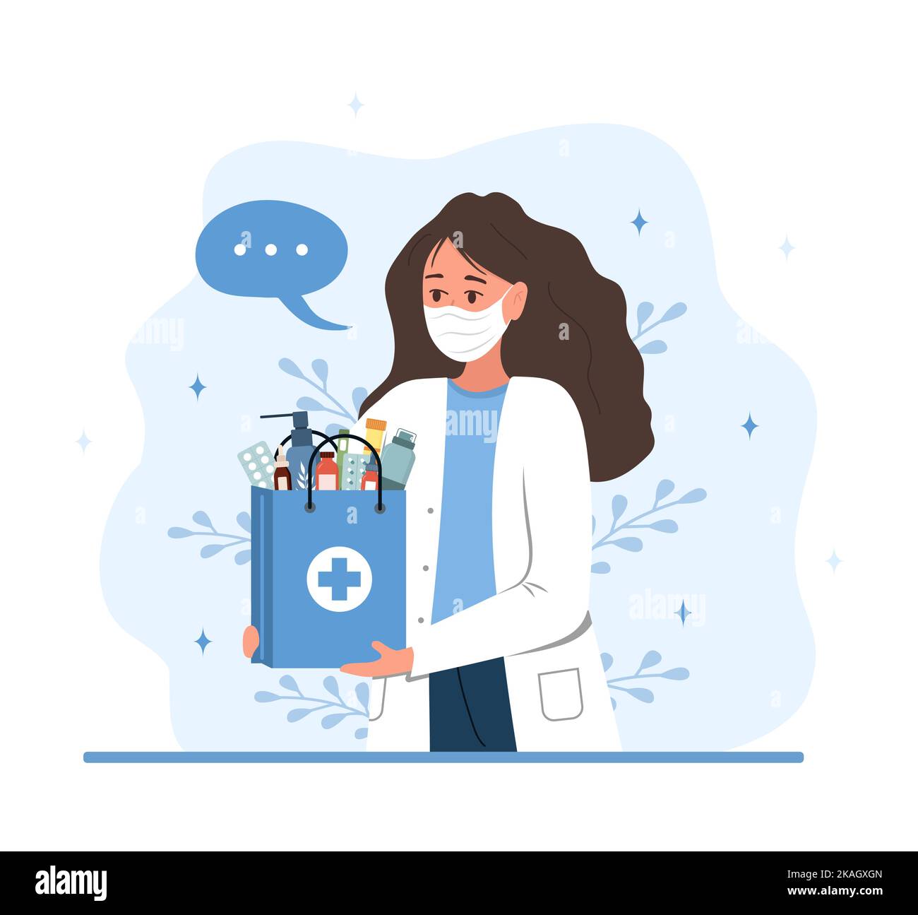 Delivery pharmacy service. Female pharmacist in mask holding paper bag ...
