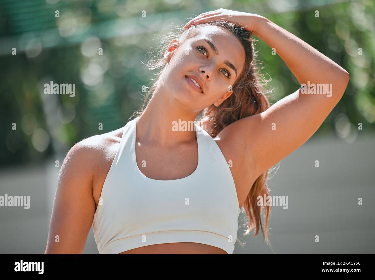 Exercise women, stretching neck and fitness, body wellness and sports ...