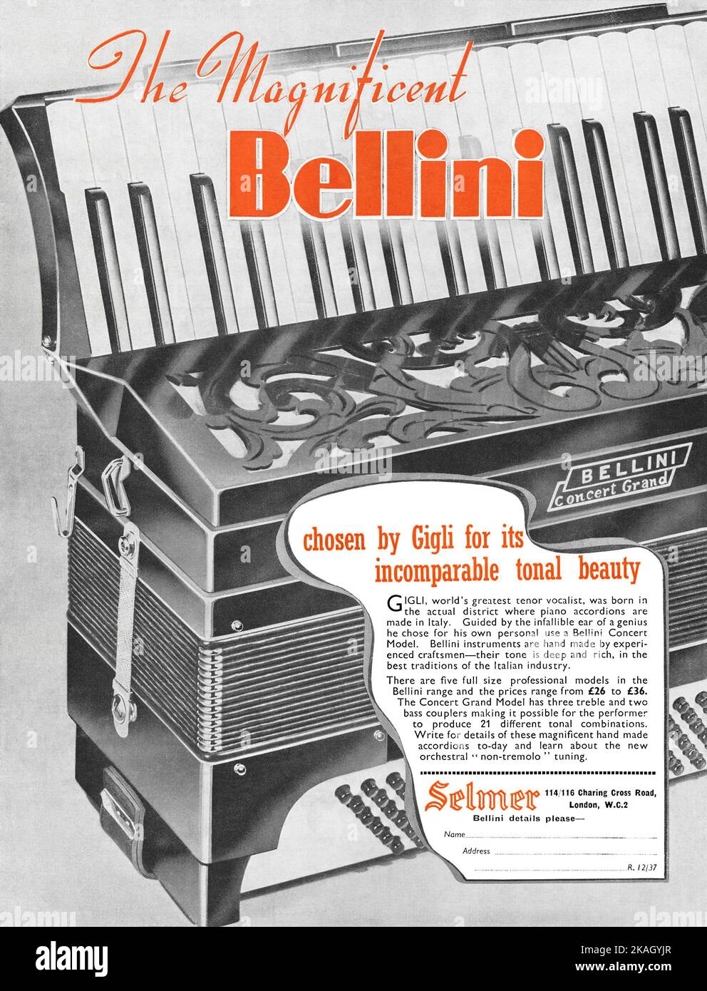 1937 British advertisement for Bellini accordions Stock Photo - Alamy