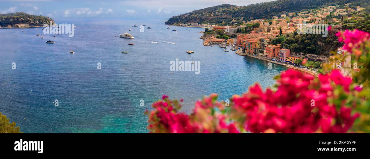 Panorama of French Riviera coast with Villefranche sur Mer picturesque ...