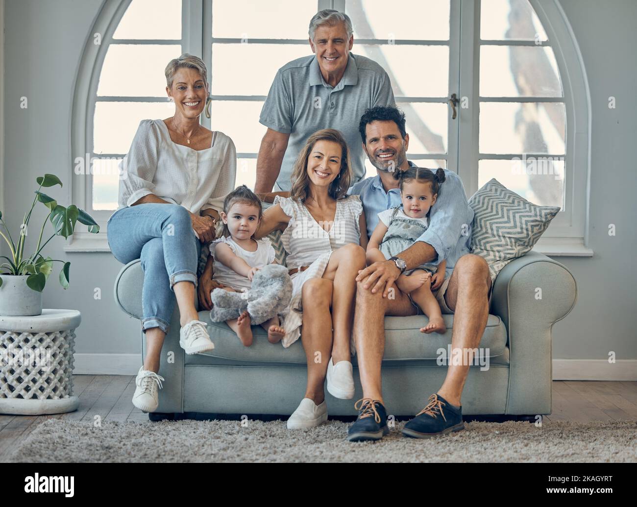 Family, generations and love, happy together on sofa with portrait in ...