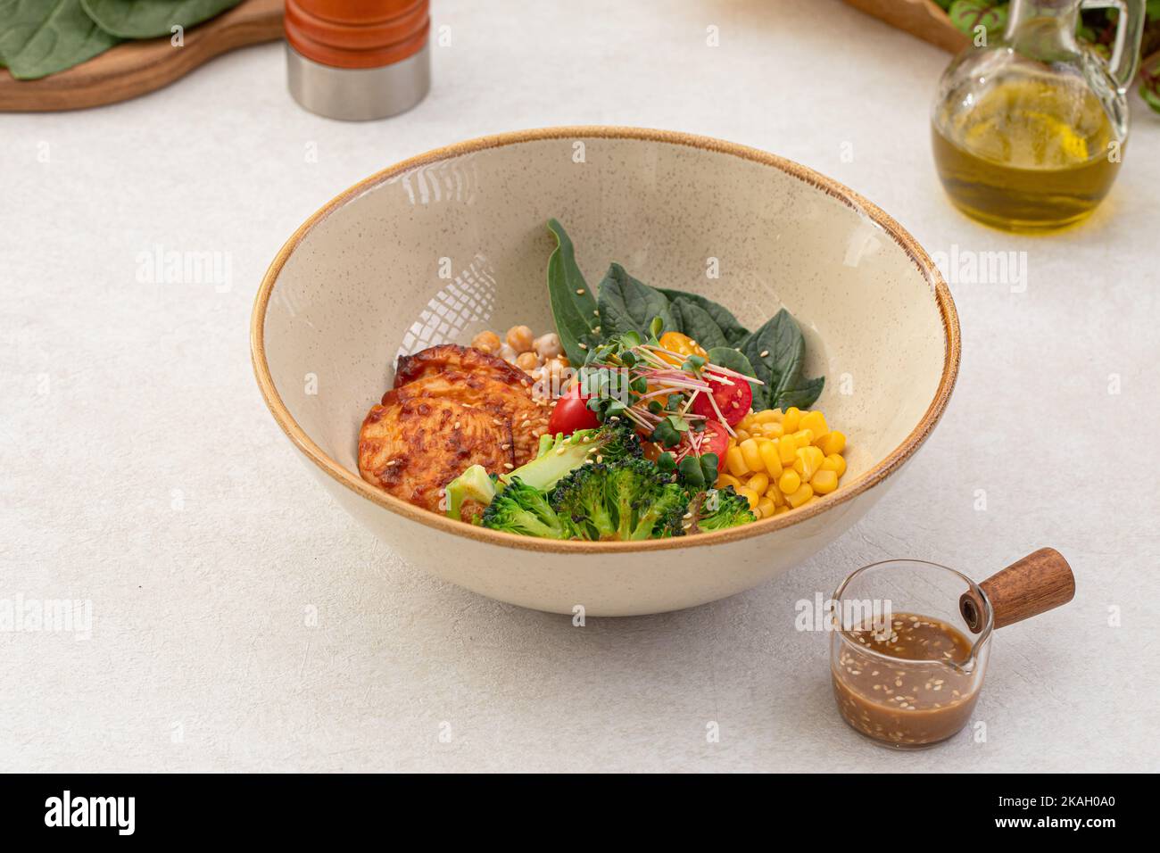 Chicken poke bowl with vegetables and corn Stock Photo - Alamy
