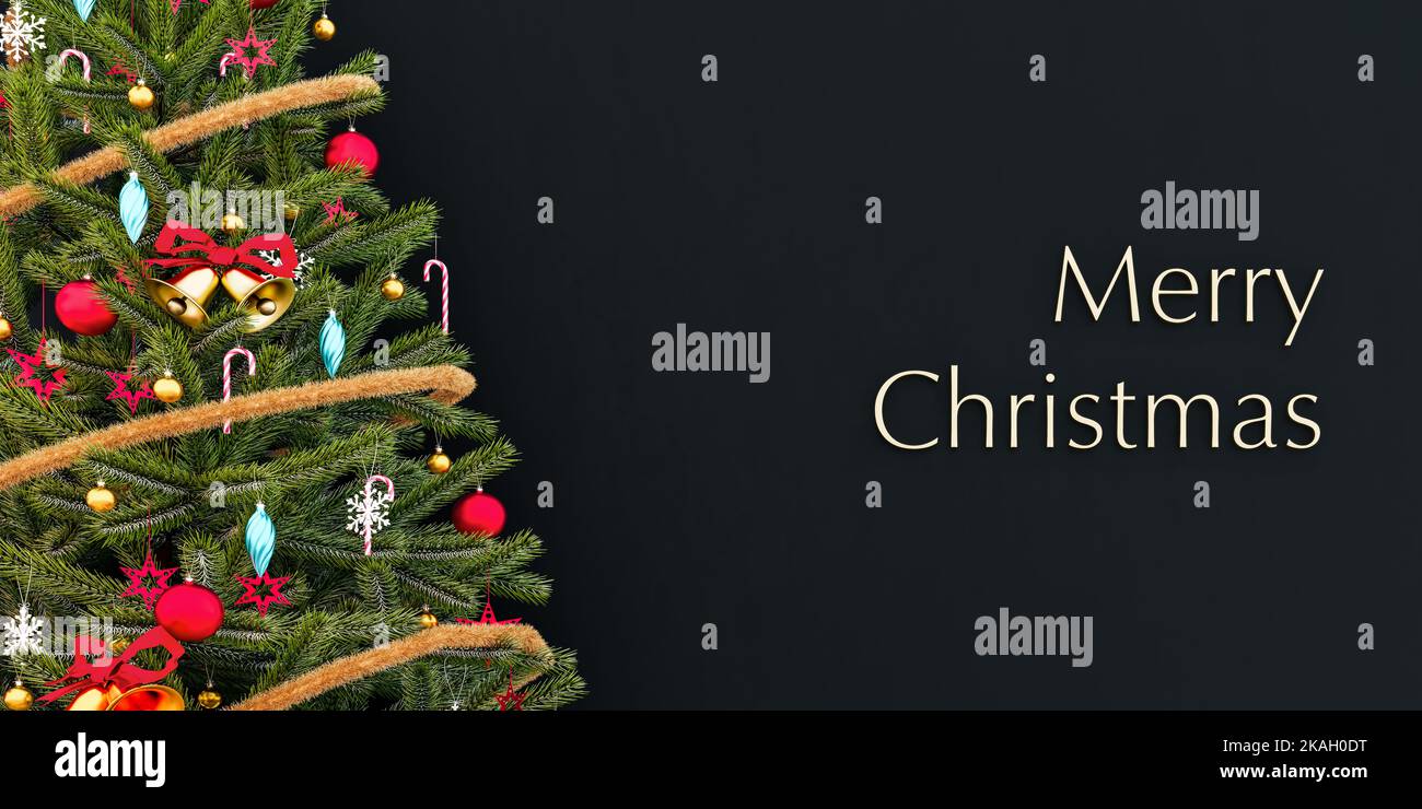 Christmas Tree With Baubles on black background with Merry Christmas ...