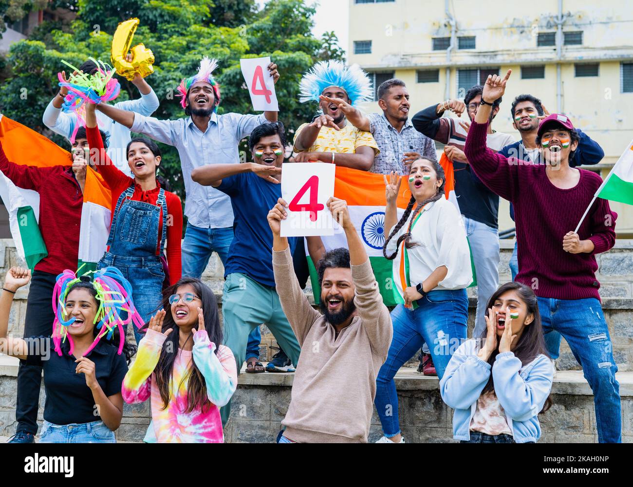 Group of people with four sign board and indian flags shouting and ...