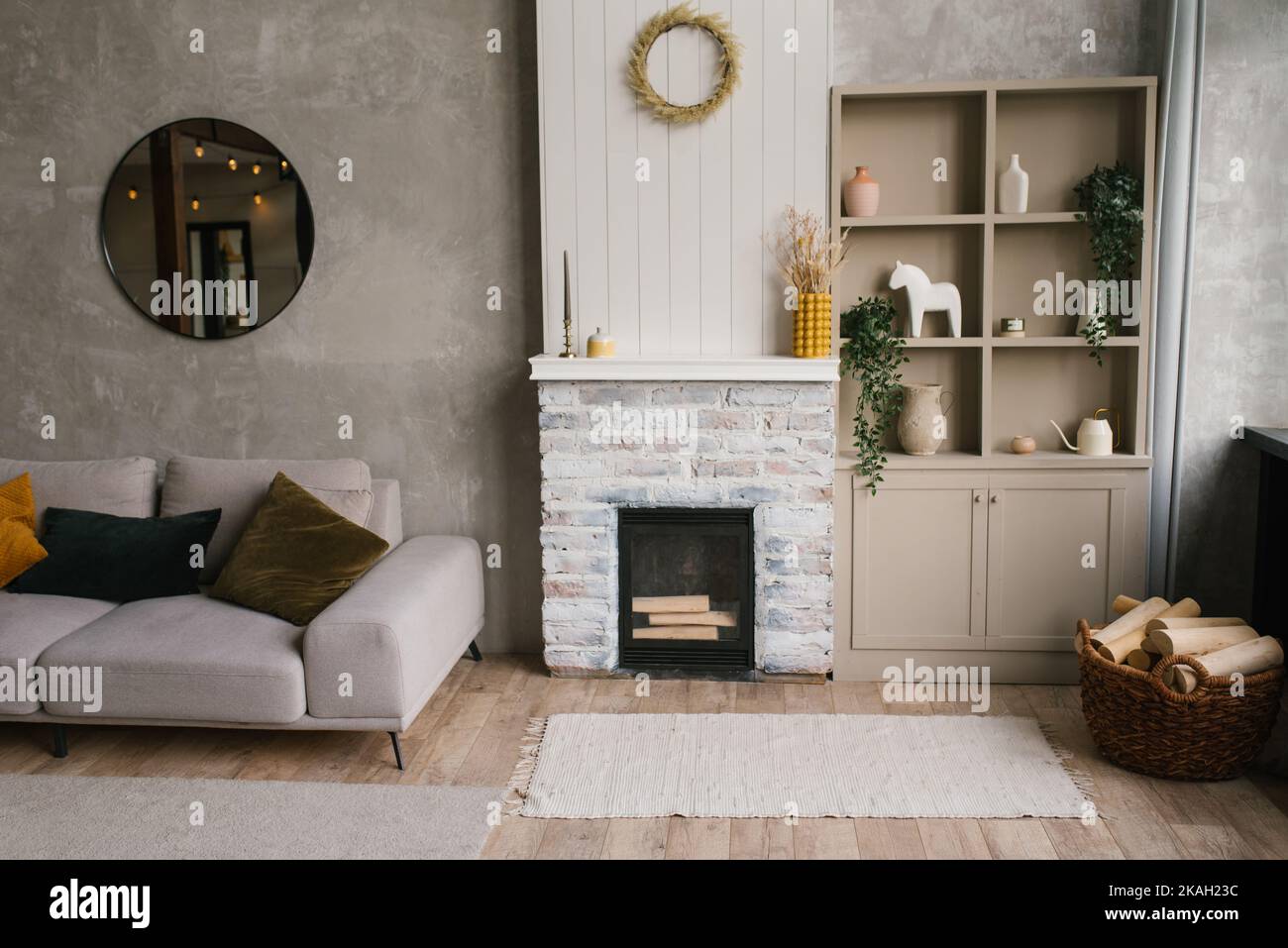 Stylish Scandinavian interior of the living room with a gray ...