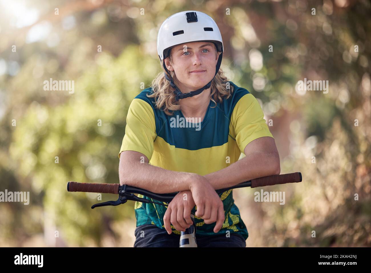 Bicycle, fitness and athlete cycling in a forest training, cardio ...