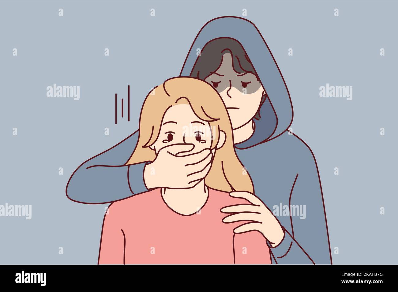 Man in hood close scared woman mouth with hand. Male criminal or ...