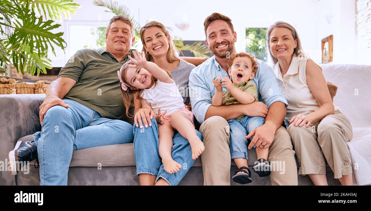 Happy family with kids, parents and grandparents on sofa with smile in ...