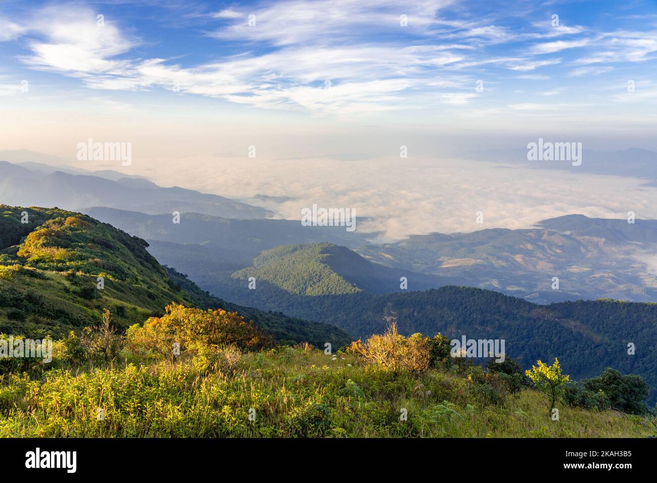 Beautiful landscape view of northern mountain ranges of Thailand seen ...