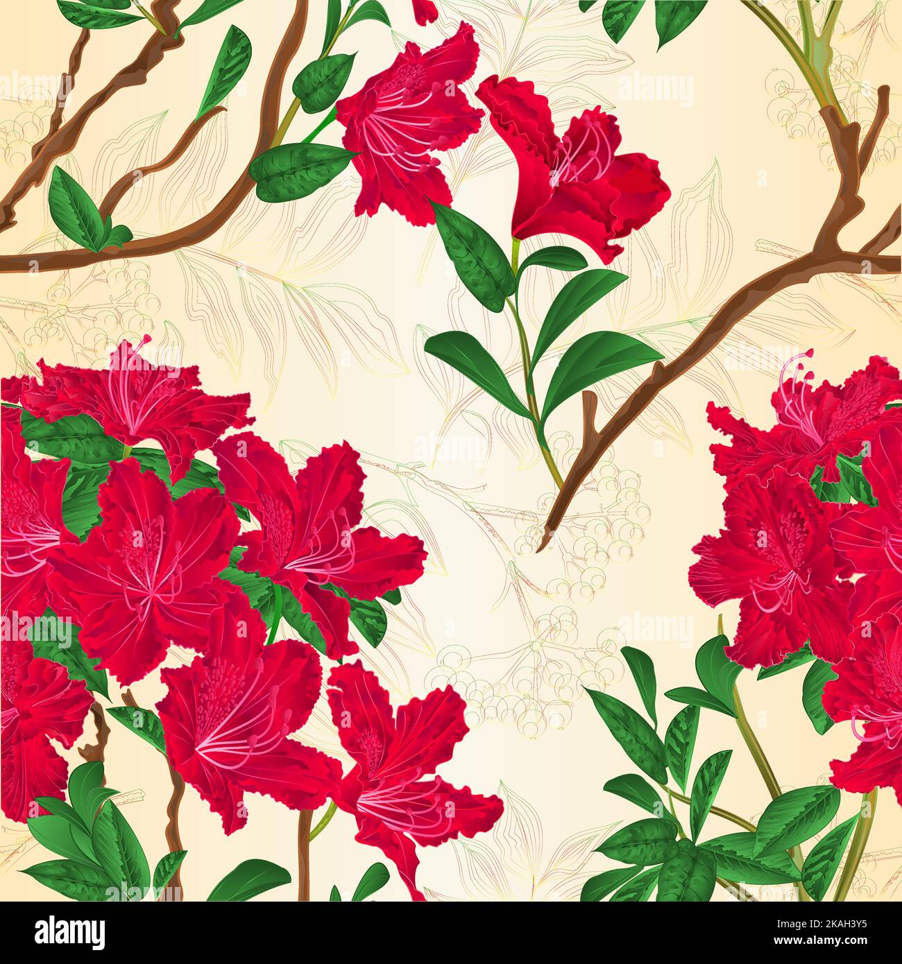Seamless texture red rhododendron branch mountain shrub vintage vector ...