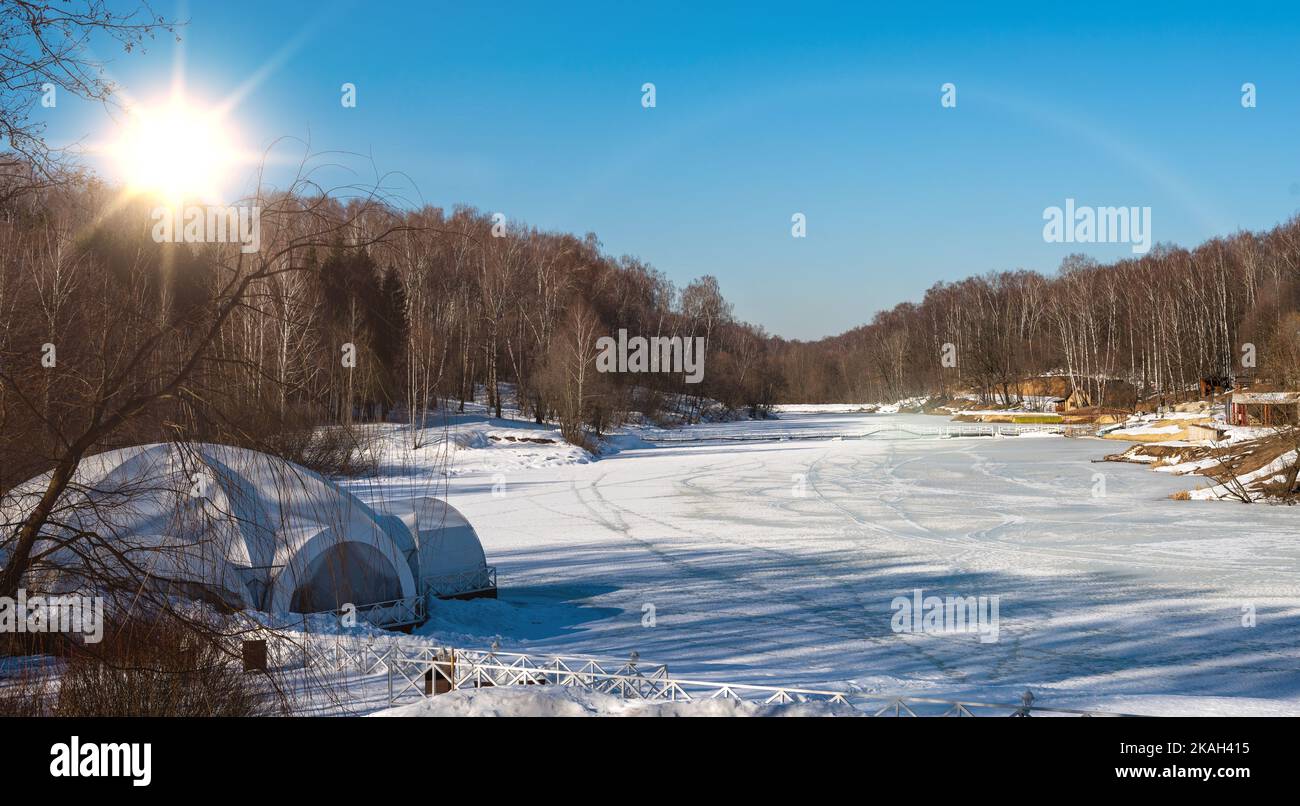 frozen lake. Stunning panorama of snowy landscape in winter in Black ...